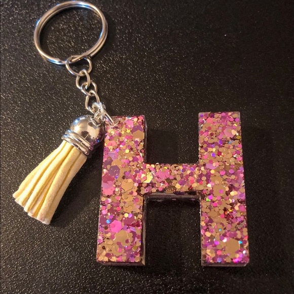 Accessories | Pink Gold Glitter Resin Letter H Keychain | Poshmark